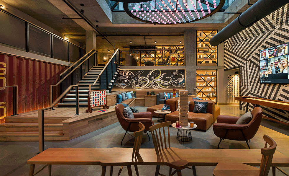 lobby details include a camouflage wall and an octopus mural